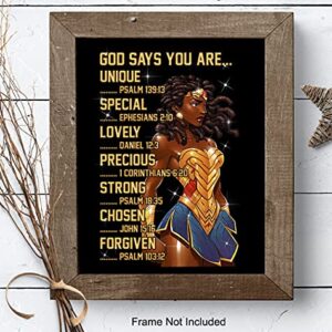 African American Woman - African American Wall Art for Girls - God Says You Are - Christian Wall Decor - Bible Verses - Black Wall Art - Religious Gifts for Women - Inspirational Motivational Unframed