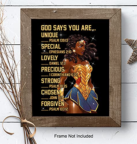 African American Woman - African American Wall Art for Girls - God Says You Are - Christian Wall Decor - Bible Verses - Black Wall Art - Religious Gifts for Women - Inspirational Motivational Unframed