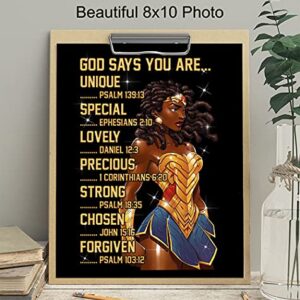 African American Woman - African American Wall Art for Girls - God Says You Are - Christian Wall Decor - Bible Verses - Black Wall Art - Religious Gifts for Women - Inspirational Motivational Unframed