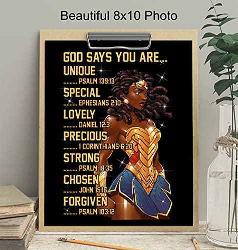 African American Woman - African American Wall Art for Girls - God Says You Are - Christian Wall Decor - Bible Verses - Black Wall Art - Religious Gifts for Women - Inspirational Motivational Unframed