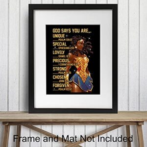 African American Woman - African American Wall Art for Girls - God Says You Are - Christian Wall Decor - Bible Verses - Black Wall Art - Religious Gifts for Women - Inspirational Motivational Unframed