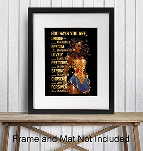 African American Woman - African American Wall Art for Girls - God Says You Are - Christian Wall Decor - Bible Verses - Black Wall Art - Religious Gifts for Women - Inspirational Motivational Unframed