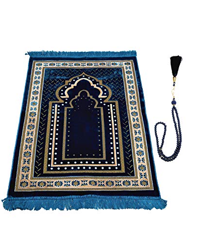 TB Muslim Prayer Rug Thick, Islamic, Soft Velvet Mat Ramadan Gift, with Prayer Bead Unique Decoration Gilded Gold-Like Embroidered for Women Man Kids Meditation Turkish African (Blue)