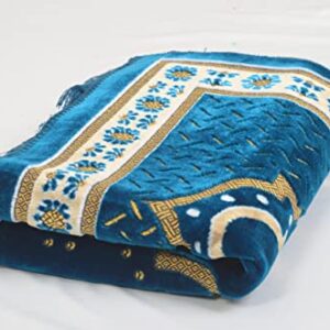 TB Muslim Prayer Rug Thick, Islamic, Soft Velvet Mat Ramadan Gift, with Prayer Bead Unique Decoration Gilded Gold-Like Embroidered for Women Man Kids Meditation Turkish African (Blue)