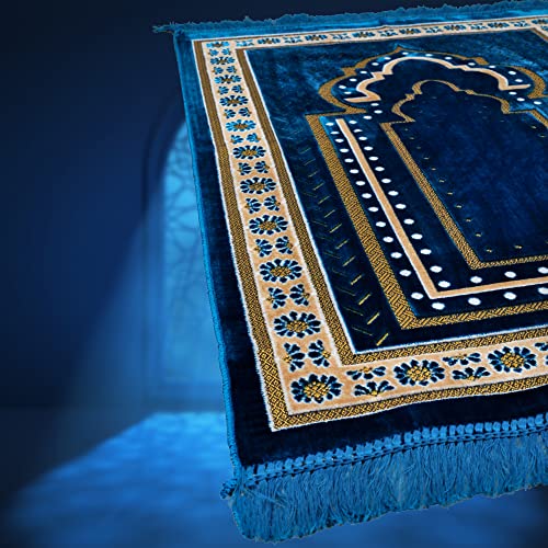 TB Muslim Prayer Rug Thick, Islamic, Soft Velvet Mat Ramadan Gift, with Prayer Bead Unique Decoration Gilded Gold-Like Embroidered for Women Man Kids Meditation Turkish African (Blue)