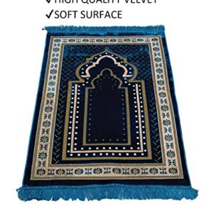 TB Muslim Prayer Rug Thick, Islamic, Soft Velvet Mat Ramadan Gift, with Prayer Bead Unique Decoration Gilded Gold-Like Embroidered for Women Man Kids Meditation Turkish African (Blue)