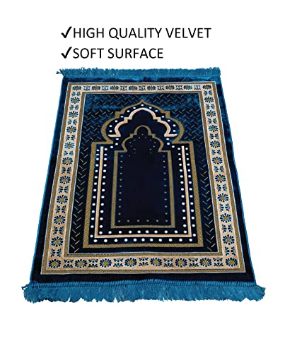 TB Muslim Prayer Rug Thick, Islamic, Soft Velvet Mat Ramadan Gift, with Prayer Bead Unique Decoration Gilded Gold-Like Embroidered for Women Man Kids Meditation Turkish African (Blue)