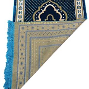 TB Muslim Prayer Rug Thick, Islamic, Soft Velvet Mat Ramadan Gift, with Prayer Bead Unique Decoration Gilded Gold-Like Embroidered for Women Man Kids Meditation Turkish African (Blue)