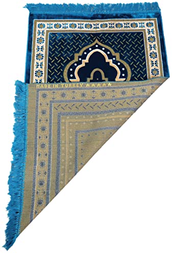 TB Muslim Prayer Rug Thick, Islamic, Soft Velvet Mat Ramadan Gift, with Prayer Bead Unique Decoration Gilded Gold-Like Embroidered for Women Man Kids Meditation Turkish African (Blue)