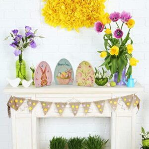 Wooden Easter Egg Table Decorations 3 Pack Decorative Spring Eggs Bunny Rabbit Flowers Design Tabletop Party Centerpiece Signs Rustic Wood Holiday Shelf Topper for Home Kitchen Office Mantle Decor