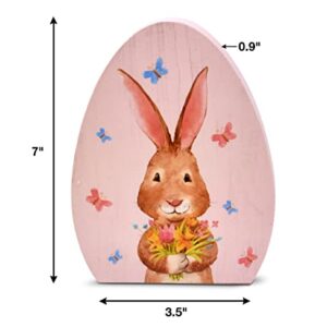 Wooden Easter Egg Table Decorations 3 Pack Decorative Spring Eggs Bunny Rabbit Flowers Design Tabletop Party Centerpiece Signs Rustic Wood Holiday Shelf Topper for Home Kitchen Office Mantle Decor