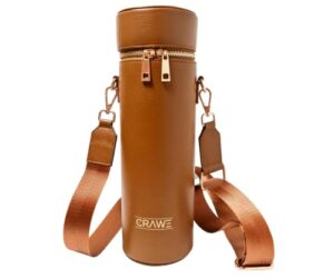 crawe full grain leather insulated water bottle crossbody bag, 17 oz water bottle holder with strap for walking, bottle carrier, bottle sling, single wine bottle tote, brown pebbled leather, gift box