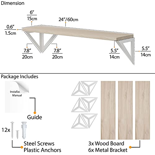 Wallniture Minori Floating Shelves for Wall Storage, Floating Bookshelf Set of 3 for Living Room Decor, 24"x6" Natural Wood Wall Shelves with White Brackets