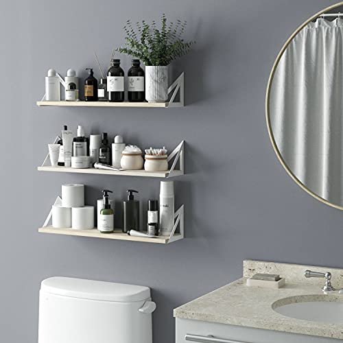 Wallniture Minori Floating Shelves for Wall Storage, Floating Bookshelf Set of 3 for Living Room Decor, 24"x6" Natural Wood Wall Shelves with White Brackets