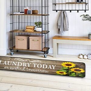 Farmhouse Theme Sunflowers Laundry Room Runner Rug Wooden Board Background Mat Washable Non-Slip Soft Floor Carpet Extra Long Hallway Doormat 72" X 24"