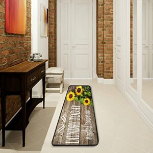 Farmhouse Theme Sunflowers Laundry Room Runner Rug Wooden Board Background Mat Washable Non-Slip Soft Floor Carpet Extra Long Hallway Doormat 72" X 24"