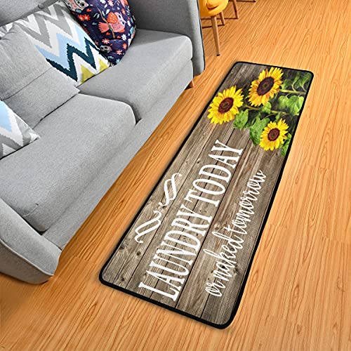 Farmhouse Theme Sunflowers Laundry Room Runner Rug Wooden Board Background Mat Washable Non-Slip Soft Floor Carpet Extra Long Hallway Doormat 72" X 24"