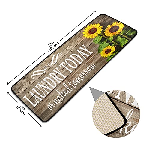 Farmhouse Theme Sunflowers Laundry Room Runner Rug Wooden Board Background Mat Washable Non-Slip Soft Floor Carpet Extra Long Hallway Doormat 72" X 24"