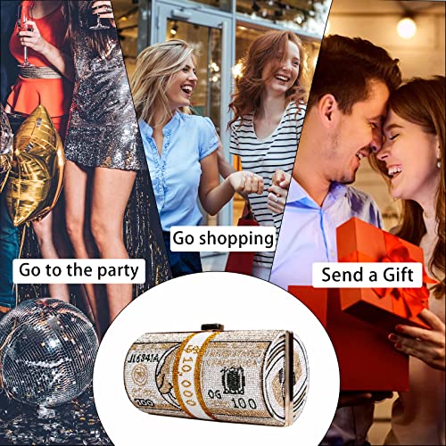 GripIt Rhinestone Clutch Purses for Women,Realistic Money Bag Purses for Party Diamond Novelty Purse Evening Handbag with Metal Chain,Gold