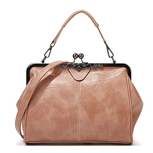 Vintage Kiss Lock Handbags for Women Oil Leather Evening Clutch Satchel Purse Tote (Apricot)