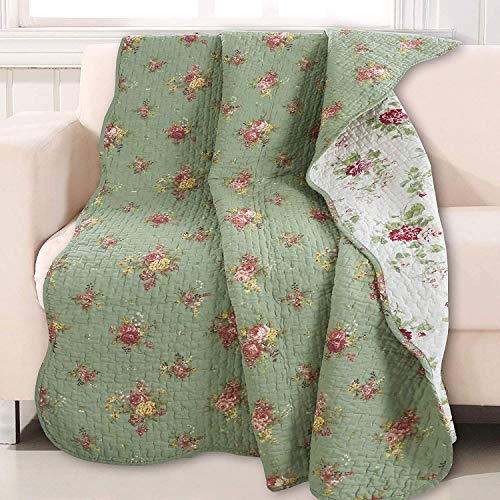 Cozy Line Home Fashions Vintage Floral Rose Green Chintz Sage Green Pink Yellow Scalloped Quilted Cotton Reversable Throw Blanket (60"x 50" inch)