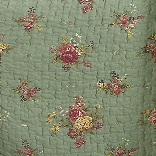 Cozy Line Home Fashions Vintage Floral Rose Green Chintz Sage Green Pink Yellow Scalloped Quilted Cotton Reversable Throw Blanket (60"x 50" inch)