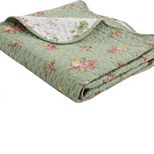 Cozy Line Home Fashions Vintage Floral Rose Green Chintz Sage Green Pink Yellow Scalloped Quilted Cotton Reversable Throw Blanket (60"x 50" inch)