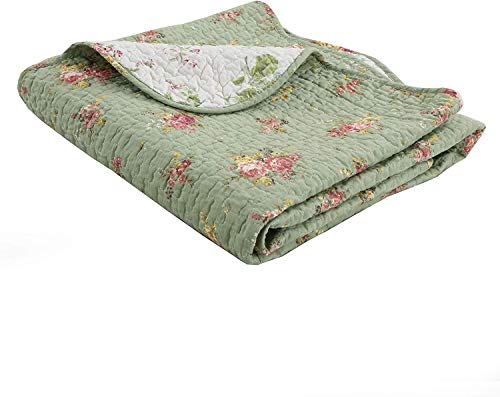 Cozy Line Home Fashions Vintage Floral Rose Green Chintz Sage Green Pink Yellow Scalloped Quilted Cotton Reversable Throw Blanket (60"x 50" inch)