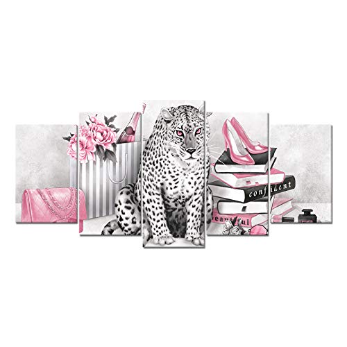 Kaloremore Black White Pink Fashion Leopard Canvas Wall Art Prints Glam High Heel Shoes Books Poster Giclee Prints Picture for Woman Bedroom Girl Gift Makeup Room Decoration