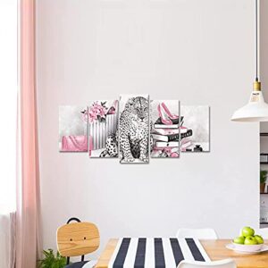 Kaloremore Black White Pink Fashion Leopard Canvas Wall Art Prints Glam High Heel Shoes Books Poster Giclee Prints Picture for Woman Bedroom Girl Gift Makeup Room Decoration