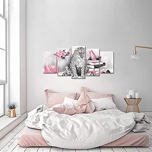 Kaloremore Black White Pink Fashion Leopard Canvas Wall Art Prints Glam High Heel Shoes Books Poster Giclee Prints Picture for Woman Bedroom Girl Gift Makeup Room Decoration