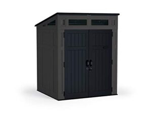 suncast 6′ x 5′ modern outdoor resin storage shed with steel frame, peppercorn/black