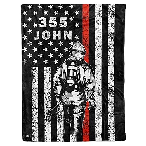 Personalized Custom Name Unit Number Volunteer Fireman Thin Red Line Redline Fire Department American Flag Birthday Christmas Fleece Sherpa Blanket Throw Tapestry (Custom Firefighter, Fleece - 50x60)