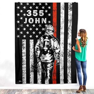 Personalized Custom Name Unit Number Volunteer Fireman Thin Red Line Redline Fire Department American Flag Birthday Christmas Fleece Sherpa Blanket Throw Tapestry (Custom Firefighter, Fleece - 50x60)