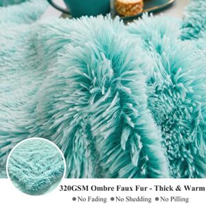 XeGe 3 Pieces Soft Faux Fur Throw Blanket Set, Fluffy Furry Blanket 50x60, Shaggy Plush Fuzzy Blanket with 2 Throw Pillow Covers 20x20 for Bed Couch Sofa Living Room Dorm Home Decoration, Aqua Ombre