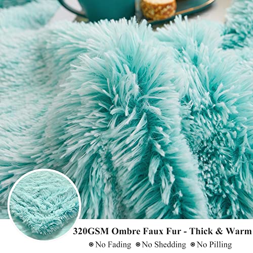 XeGe 3 Pieces Soft Faux Fur Throw Blanket Set, Fluffy Furry Blanket 50x60, Shaggy Plush Fuzzy Blanket with 2 Throw Pillow Covers 20x20 for Bed Couch Sofa Living Room Dorm Home Decoration, Aqua Ombre