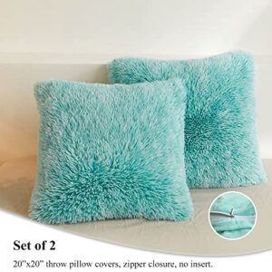 XeGe 3 Pieces Soft Faux Fur Throw Blanket Set, Fluffy Furry Blanket 50x60, Shaggy Plush Fuzzy Blanket with 2 Throw Pillow Covers 20x20 for Bed Couch Sofa Living Room Dorm Home Decoration, Aqua Ombre