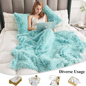 XeGe 3 Pieces Soft Faux Fur Throw Blanket Set, Fluffy Furry Blanket 50x60, Shaggy Plush Fuzzy Blanket with 2 Throw Pillow Covers 20x20 for Bed Couch Sofa Living Room Dorm Home Decoration, Aqua Ombre