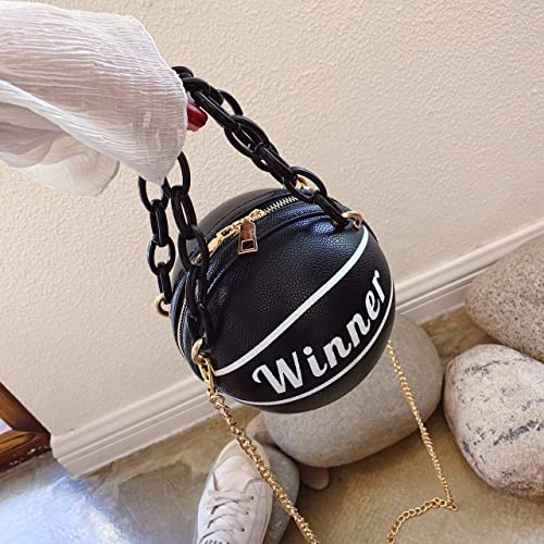 SUXING Ladies Basketball Bag Basketball-Shaped Crossbody Bag Handbag Girl Mini One-Shoulder PU Leather Round Handbag (black)