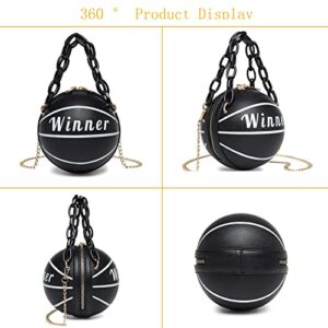 SUXING Ladies Basketball Bag Basketball-Shaped Crossbody Bag Handbag Girl Mini One-Shoulder PU Leather Round Handbag (black)