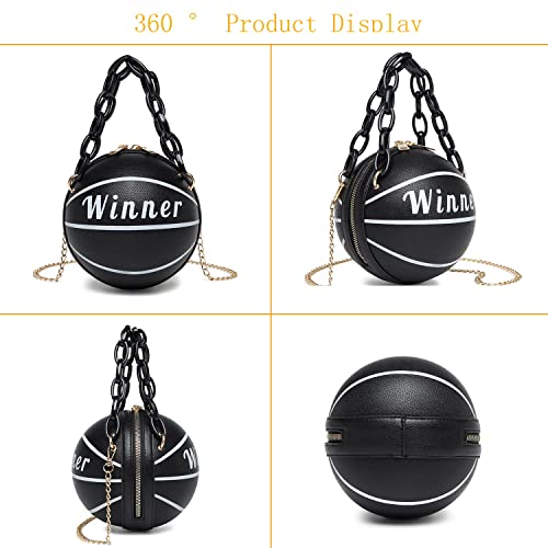 SUXING Ladies Basketball Bag Basketball-Shaped Crossbody Bag Handbag Girl Mini One-Shoulder PU Leather Round Handbag (black)