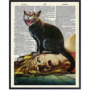 Cat Horror Movie Wall Art & Decor - Black Cat Decorations - Cat Themed Picture Prints - Creepy Gothic Goth Scary Movie Poster - Cat Lover Gifts for Women, Men - Funny Cat Lady Home Decor 8x10