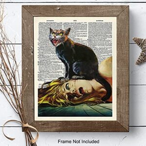 Cat Horror Movie Wall Art & Decor - Black Cat Decorations - Cat Themed Picture Prints - Creepy Gothic Goth Scary Movie Poster - Cat Lover Gifts for Women, Men - Funny Cat Lady Home Decor 8x10