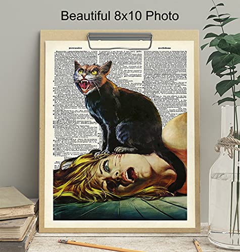 Cat Horror Movie Wall Art & Decor - Black Cat Decorations - Cat Themed Picture Prints - Creepy Gothic Goth Scary Movie Poster - Cat Lover Gifts for Women, Men - Funny Cat Lady Home Decor 8x10