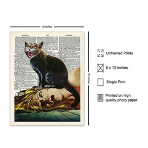 Cat Horror Movie Wall Art & Decor - Black Cat Decorations - Cat Themed Picture Prints - Creepy Gothic Goth Scary Movie Poster - Cat Lover Gifts for Women, Men - Funny Cat Lady Home Decor 8x10