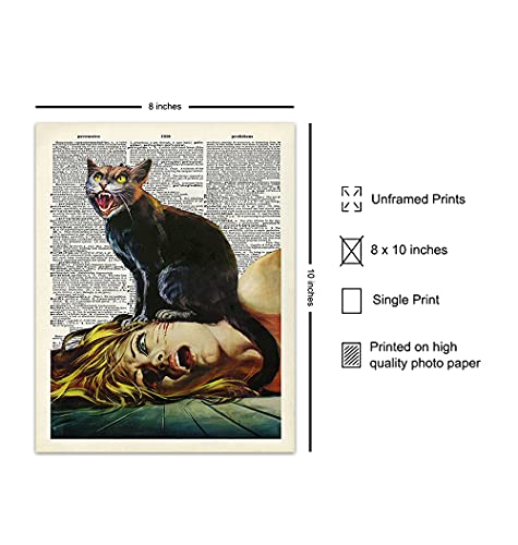 Cat Horror Movie Wall Art & Decor - Black Cat Decorations - Cat Themed Picture Prints - Creepy Gothic Goth Scary Movie Poster - Cat Lover Gifts for Women, Men - Funny Cat Lady Home Decor 8x10