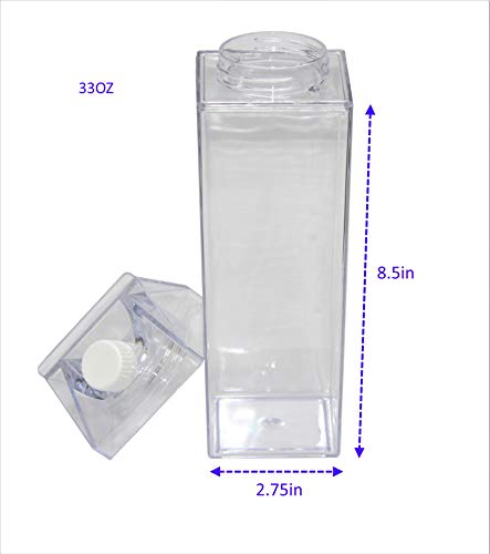 Big 33 ounce 1L Milk carton water bottle 1000ml Clear Square plastic acrylic reusable jug bulk container box travel outdoor crystal sports cup juice fridge gym (Clear, 33 OZ)