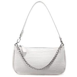 loiral shoulder bags for women, retro classic tote handbag crocodile pattern clutch mini purse with zipper closure, white