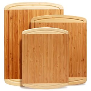 organic bamboo cutting board set of 3 with lifetime replacements – wood cutting board set with juice groove – wooden chopping board set for kitchen, meat and cheese – wooden cutting boards for kitchen