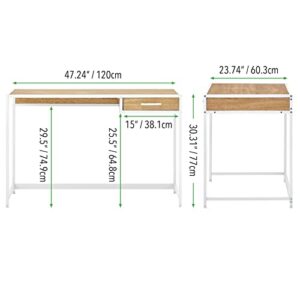 mDesign Metal & Wood Sturdy Home Office Desk with Righthand Drawer - Computer Desk, Home Office Writing, Small Desk, Modern Simple Style PC Table - White Metal Frame/Light Natural Wood Top